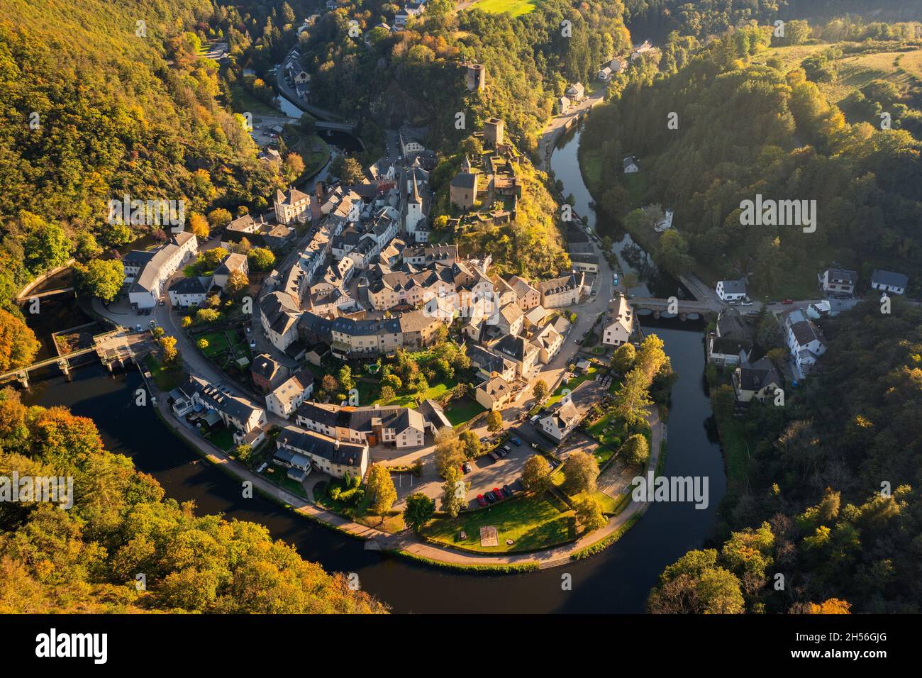 Aerial view of Esch-sur-Sure medieval town in Luxembourg famous for its ...