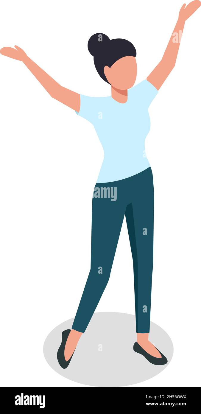 Character female with raised hands isolated on white. Vector person ...