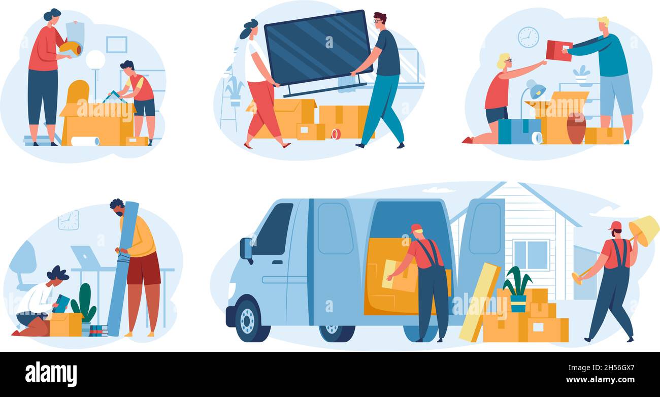 People moving houses, family relocating to new home. Characters ...