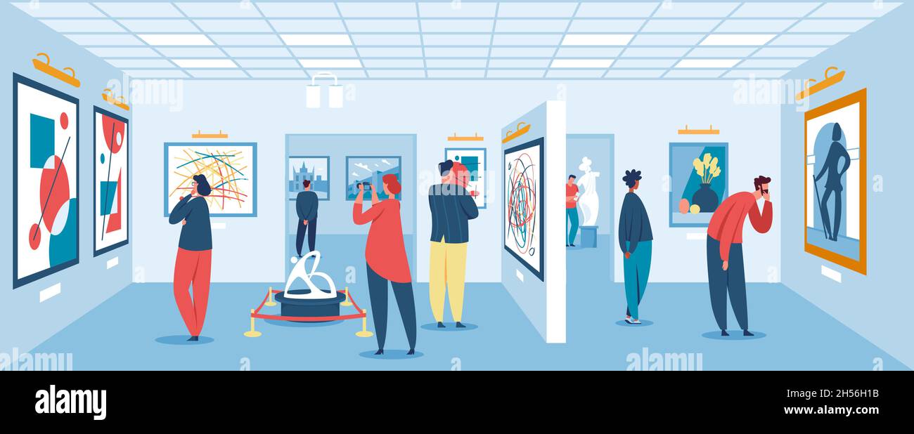 People in art gallery exhibition, characters looking at exhibits. Woman ...