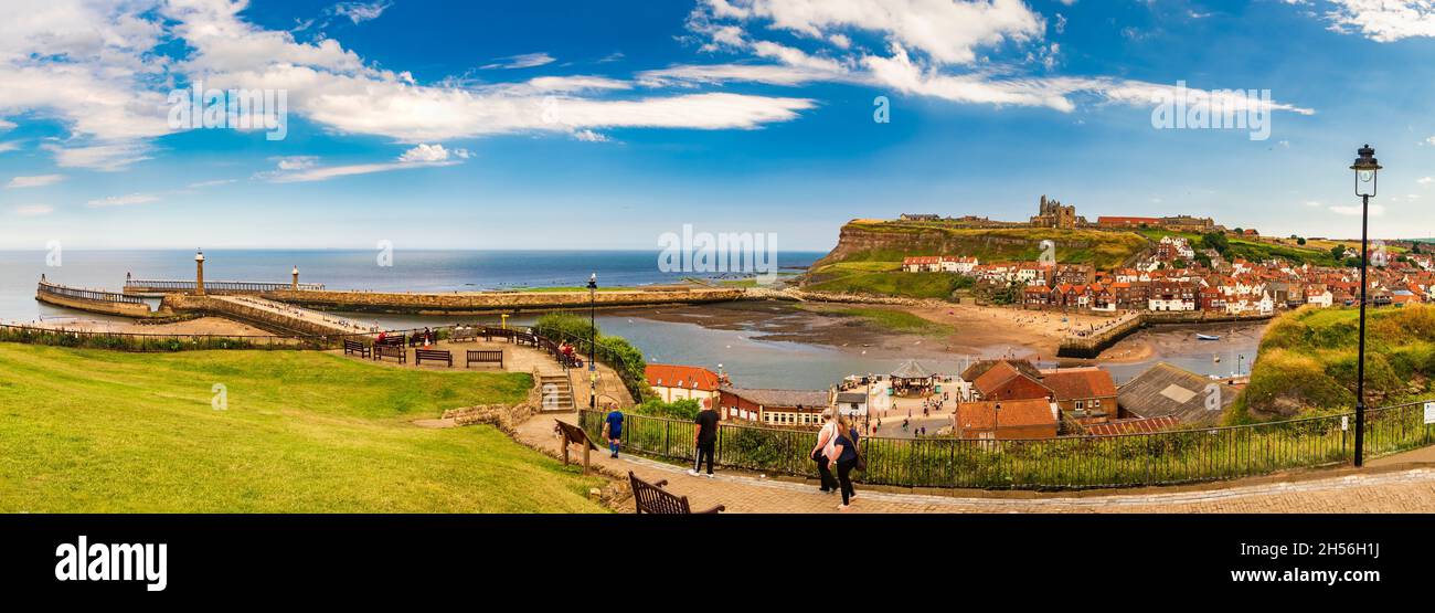 Sunshine on Whitby town, harbour and abbey Stock Photo - Alamy