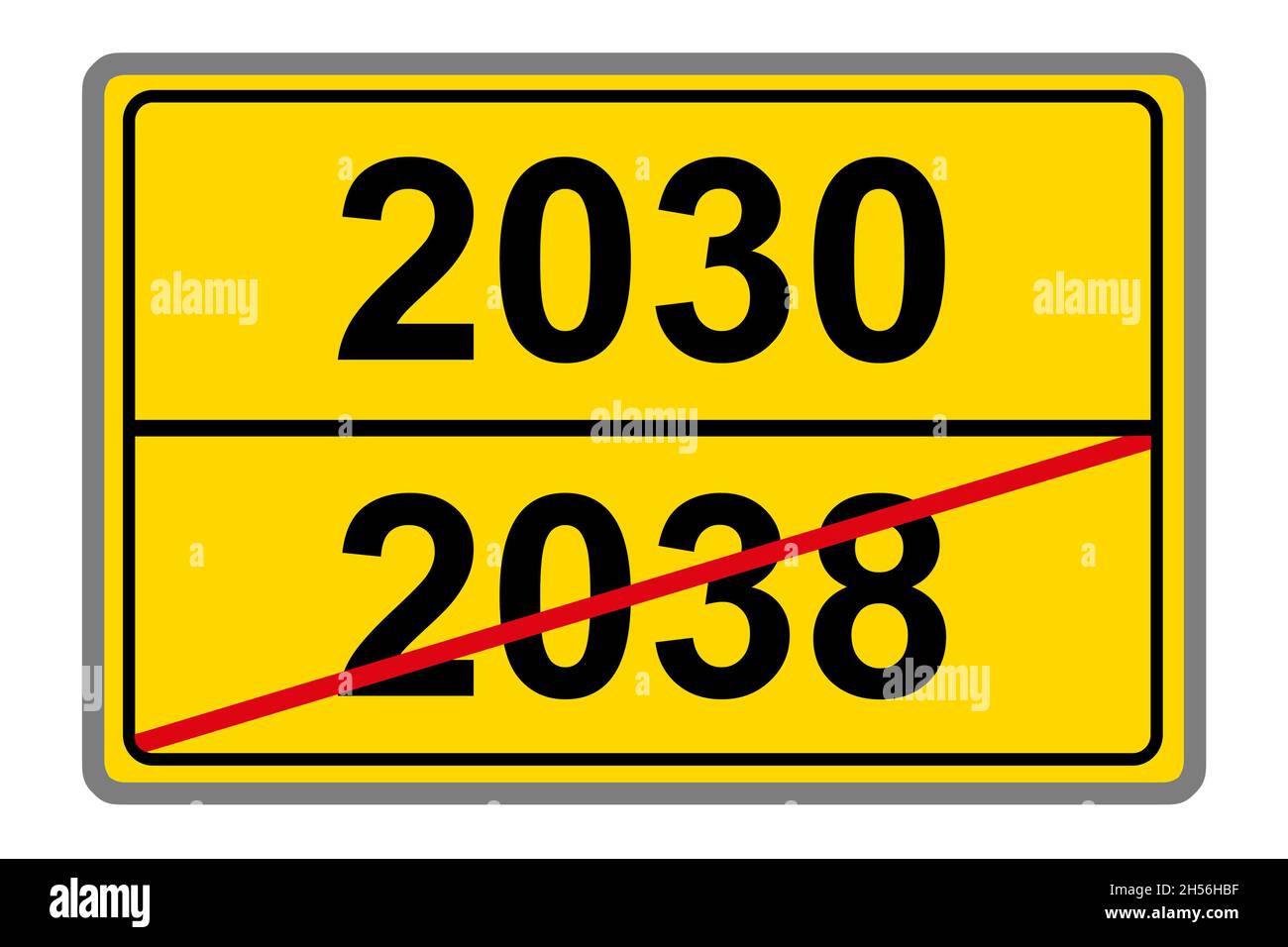 Year dates 2030 and 2038 on yellow sign isolated against white ...
