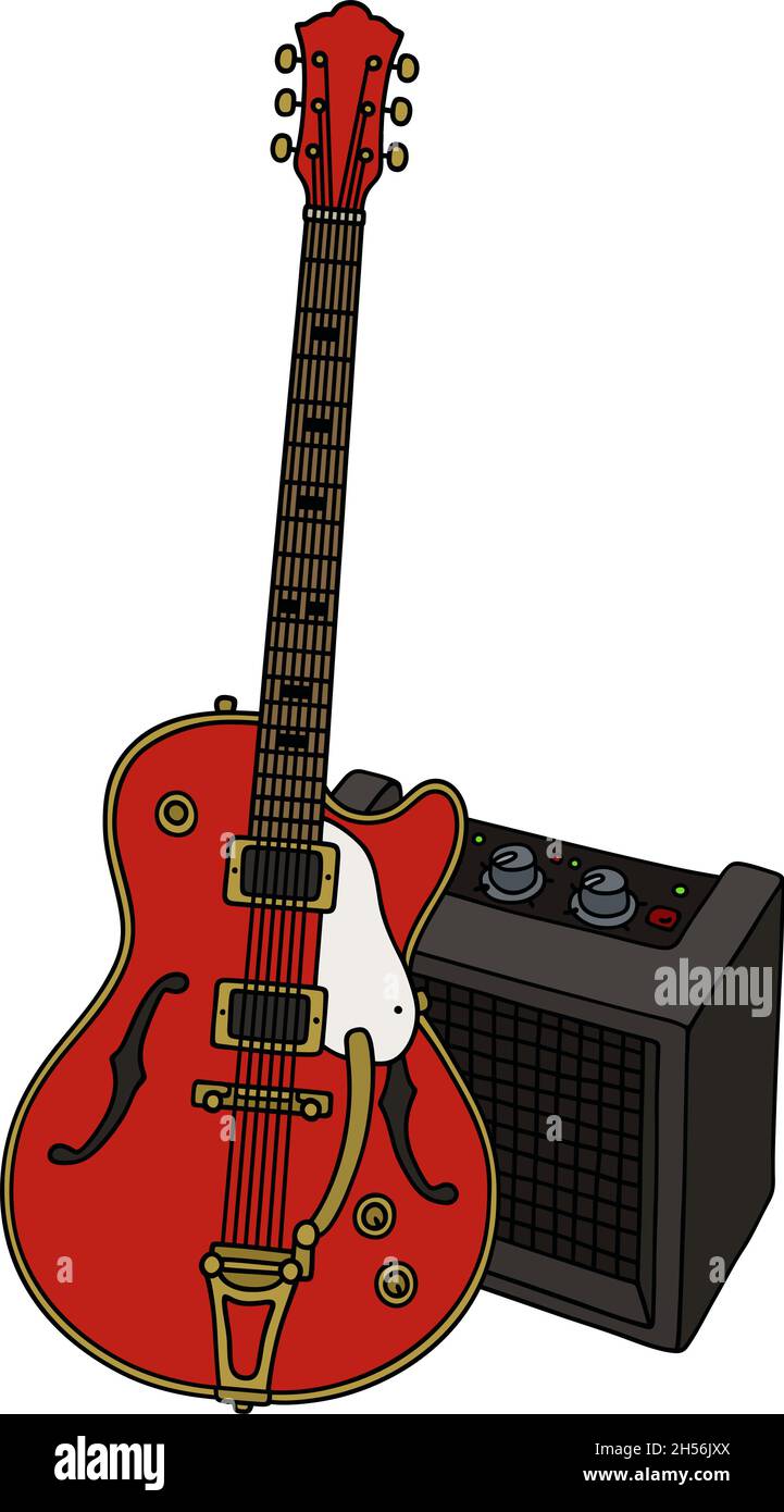 Hand drawing of a classic red electric guitar and the combo Stock ...