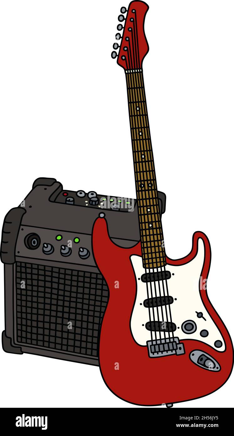 The vectorized hand drawing of a red electric guitar and combo Stock ...