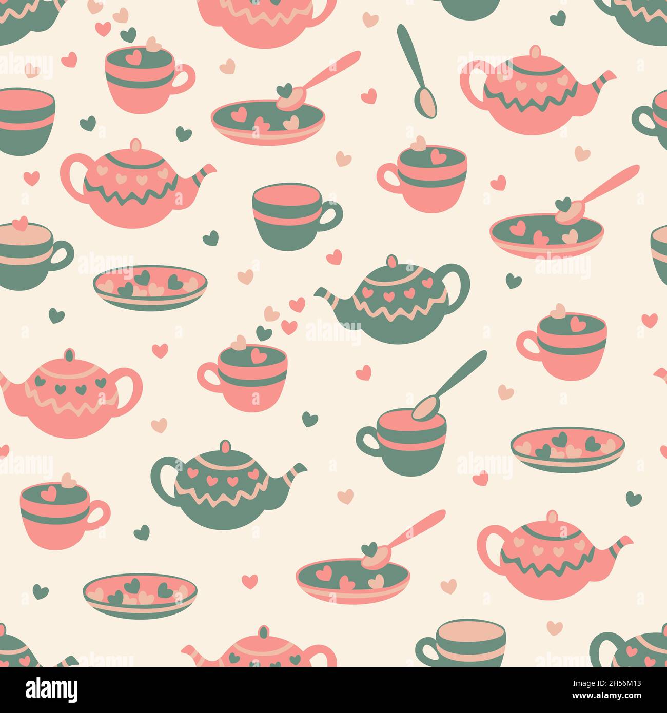 Vector seamless pattern with teapots, cups, saucers, teaspoons and ...