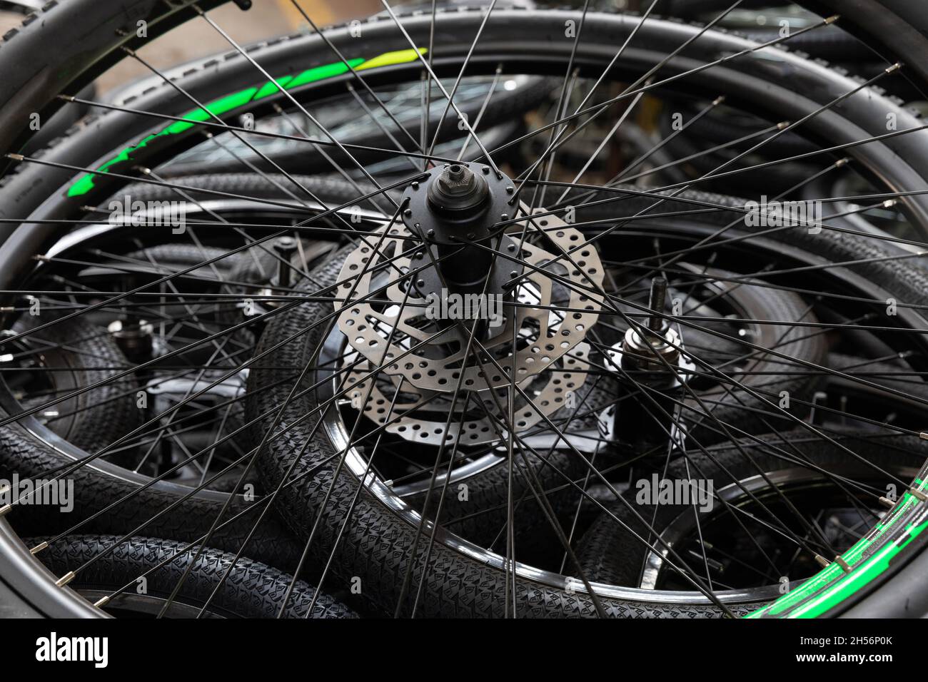 new bicycle wheels close up, bicycle assembly factory Stock Photo - Alamy