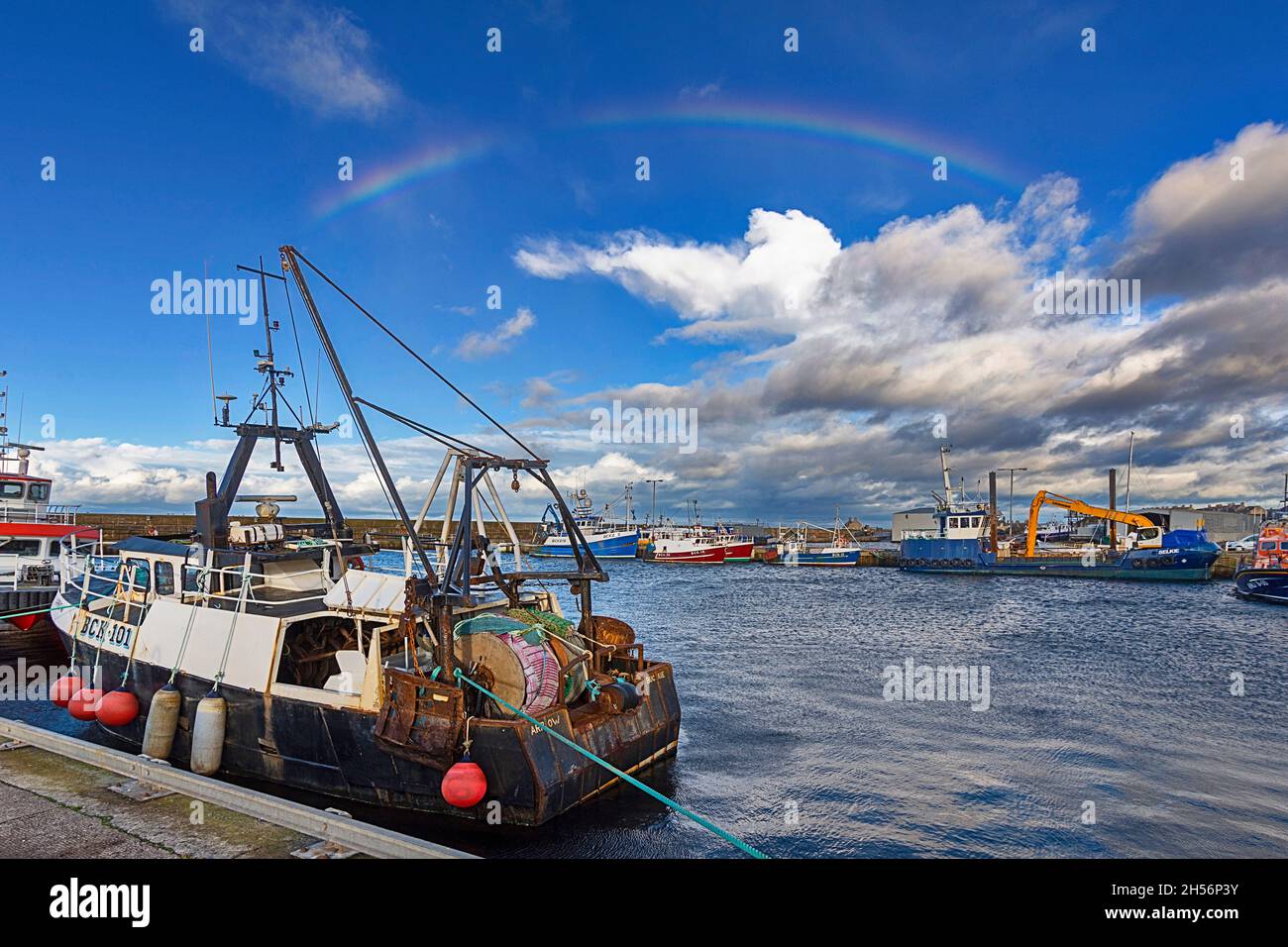 BUCKIE HARBOUR MORAY FIRTH SCOTLAND A COLOURFUL RAINBOW OVER THE QUAYS ...