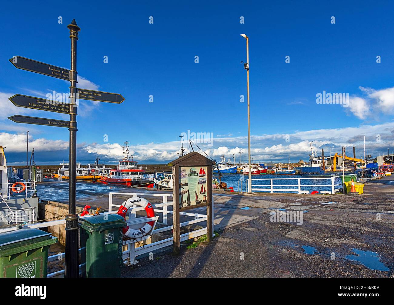 BUCKIE HARBOUR MORAY FIRTH SCOTLAND SIGNS AND SIGNPOST AND MOORED ...