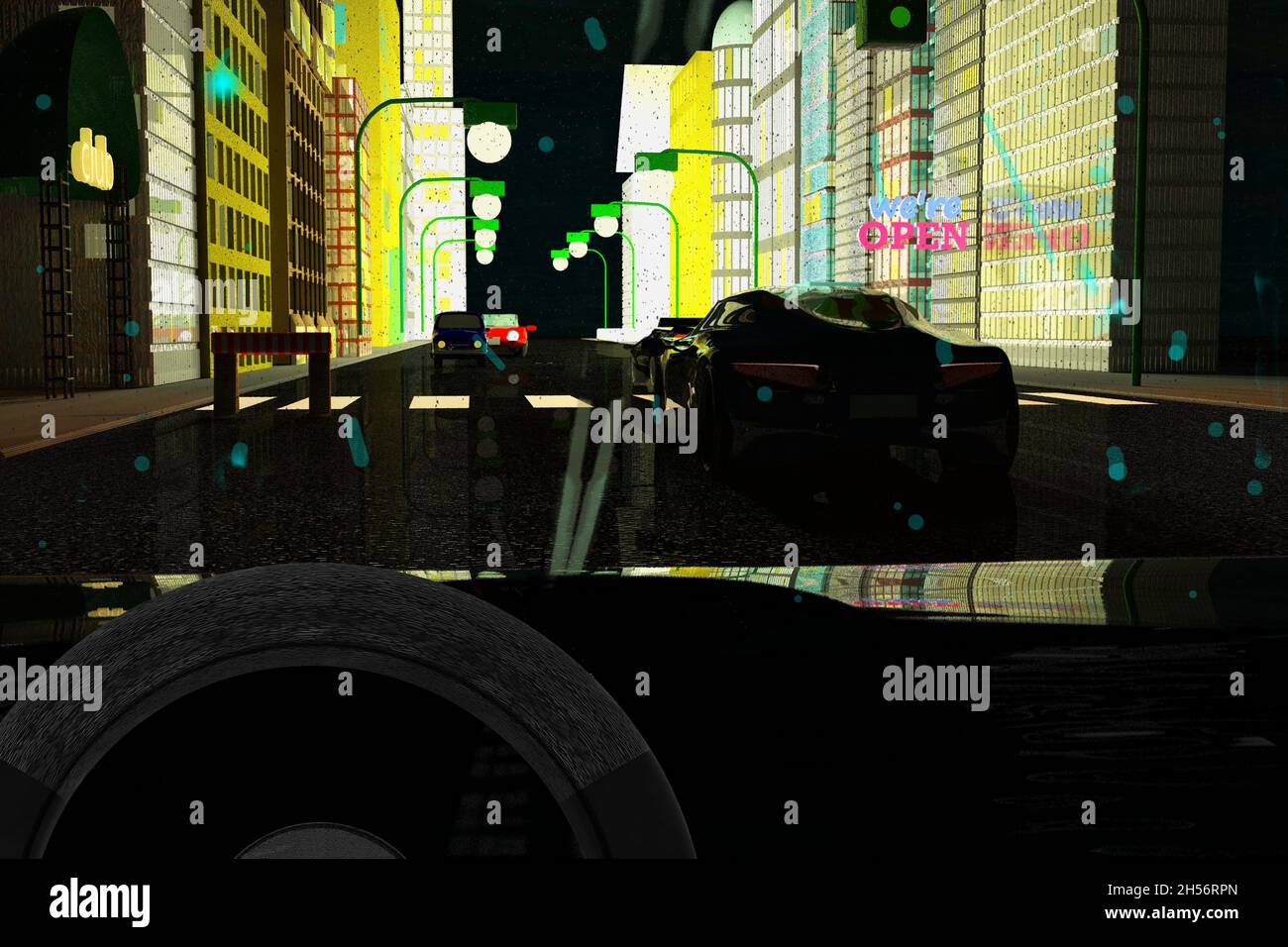 Urban view with cars and buildings, 3d rendering Stock Photo - Alamy
