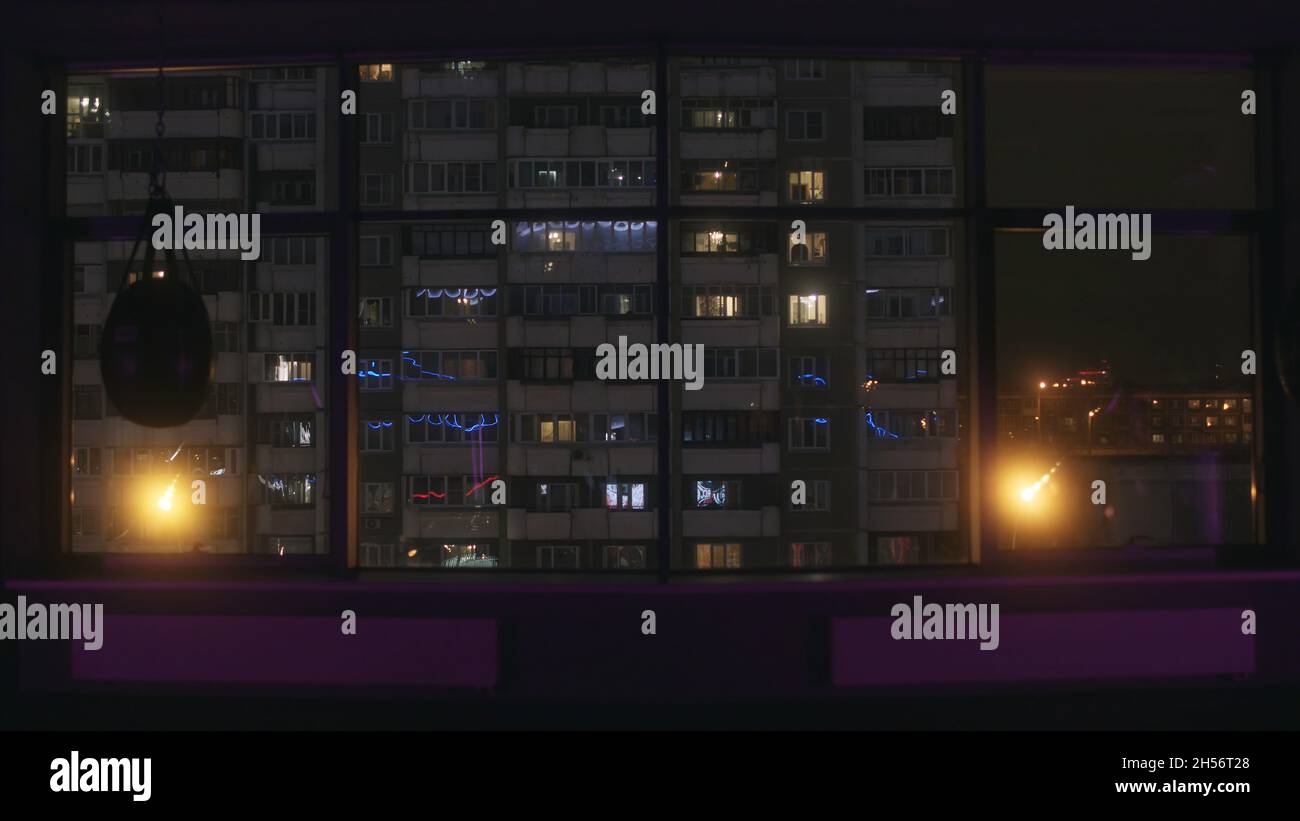 View from the window of a large empty training hall to the high ...