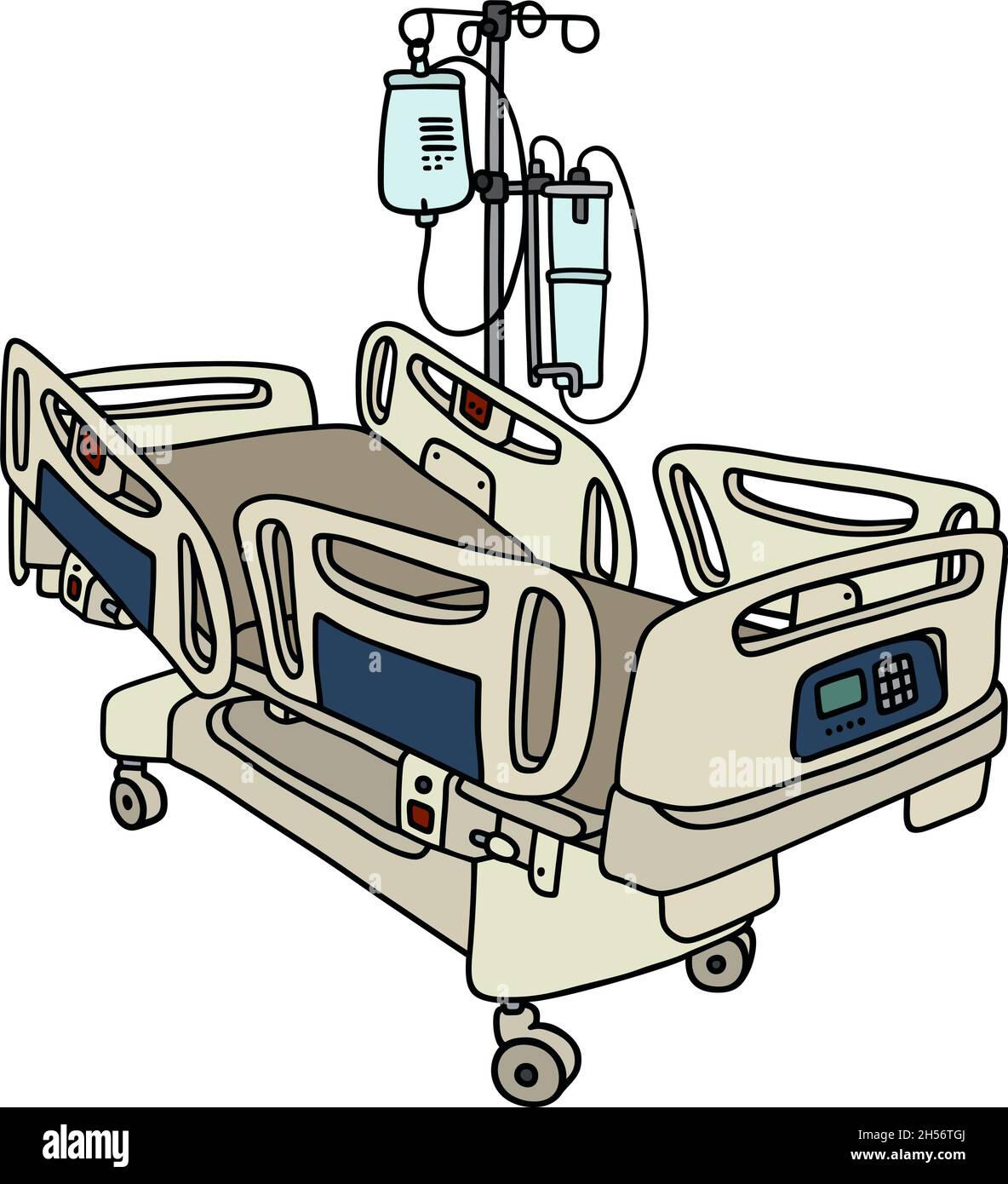 Hand drawing of a hospital position bed with the medical device rack ...
