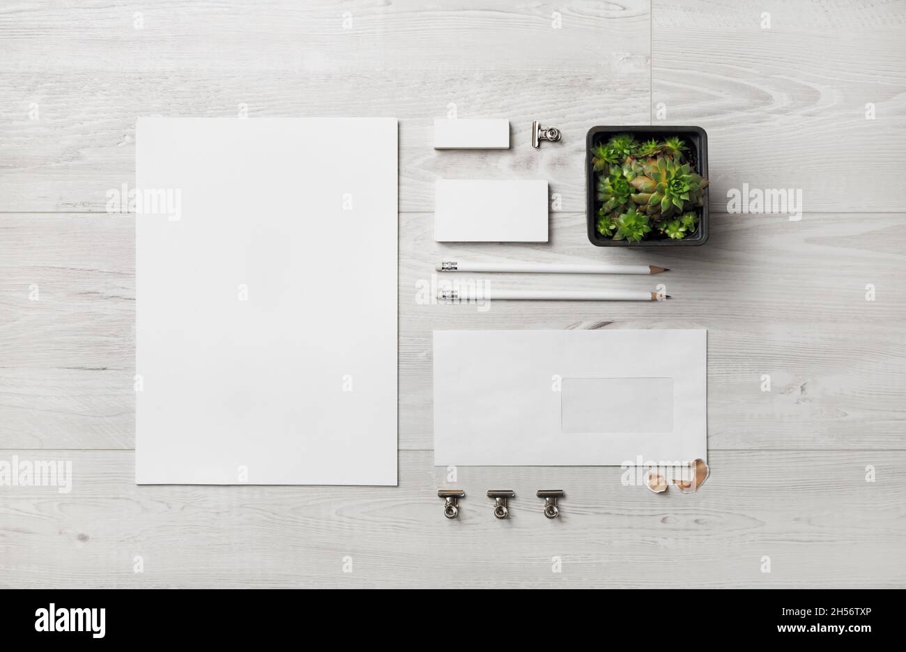 Blank stationery set. Business brand template on wooden background. Top ...