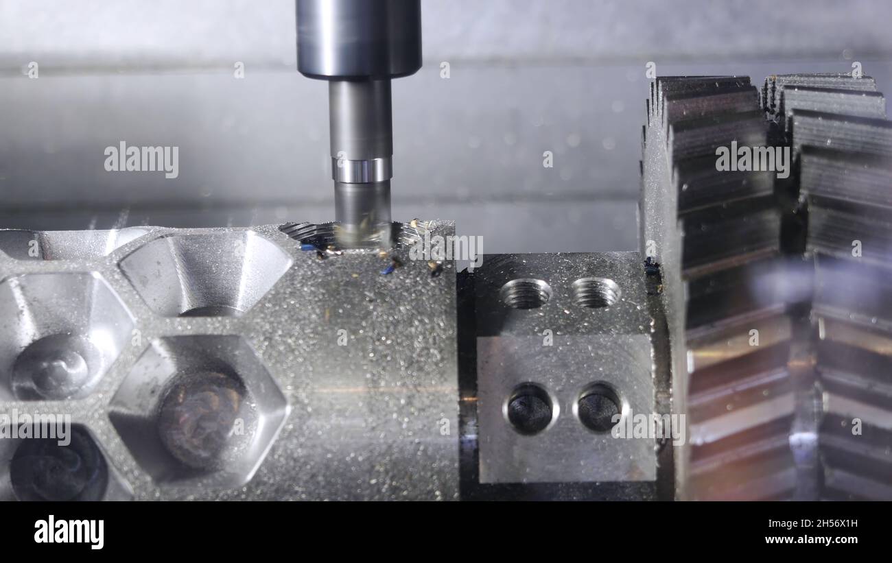 Metalworking cutting process by milling cutter. Media. CNC machine ...