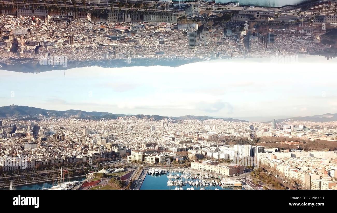 Modern city with mirror effect. Stock. Top view of big city landscape ...