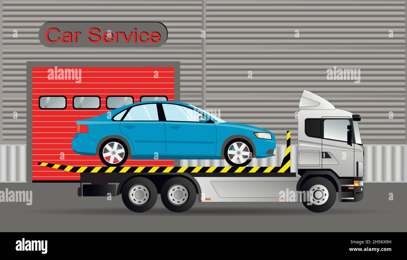 Delivery of a faulty car by a tow truck to a car service. Flat vector ...