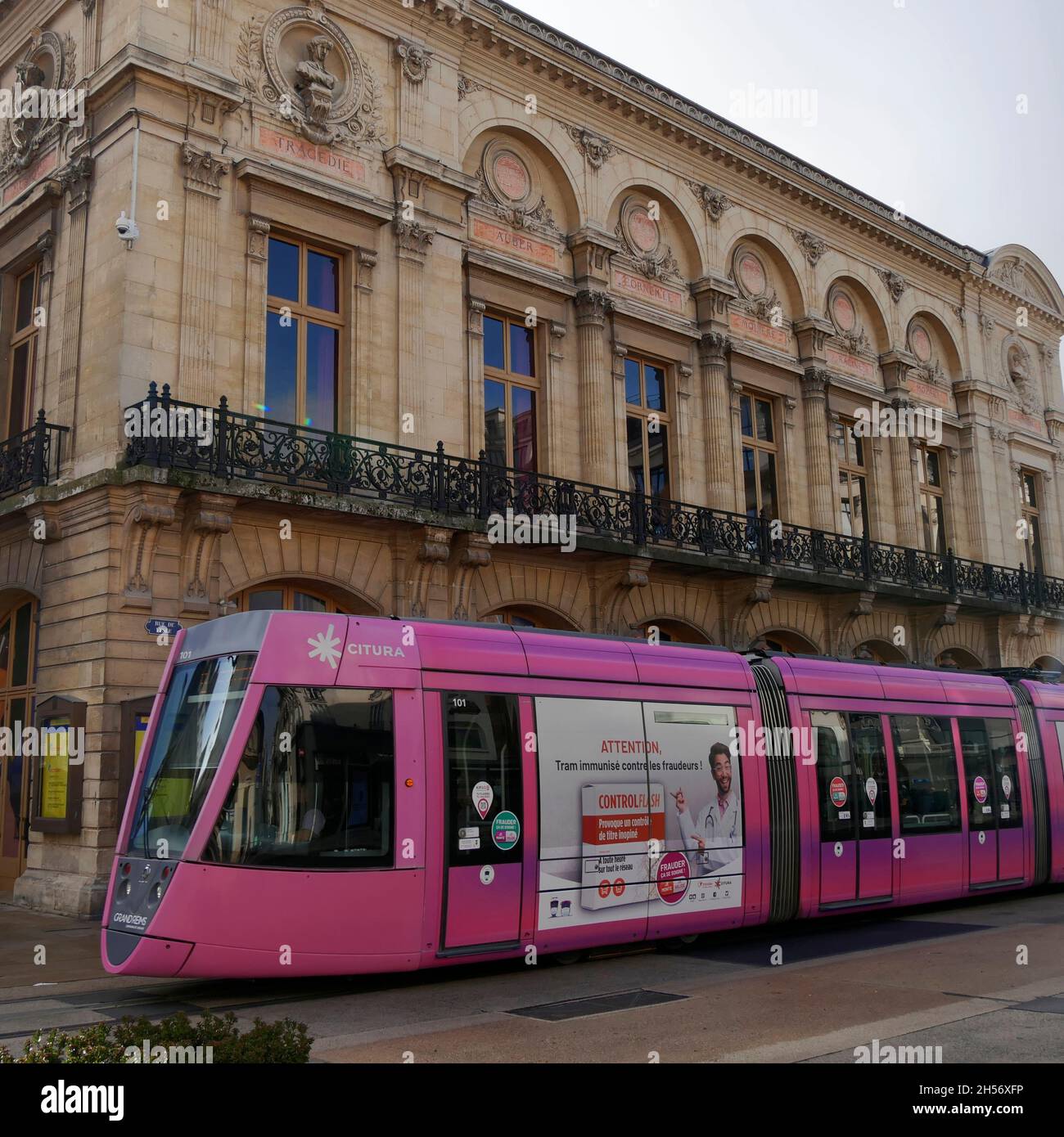 Tram stop outside the Reims Opera House ,rue de Vesle, Reims,Champagne ...