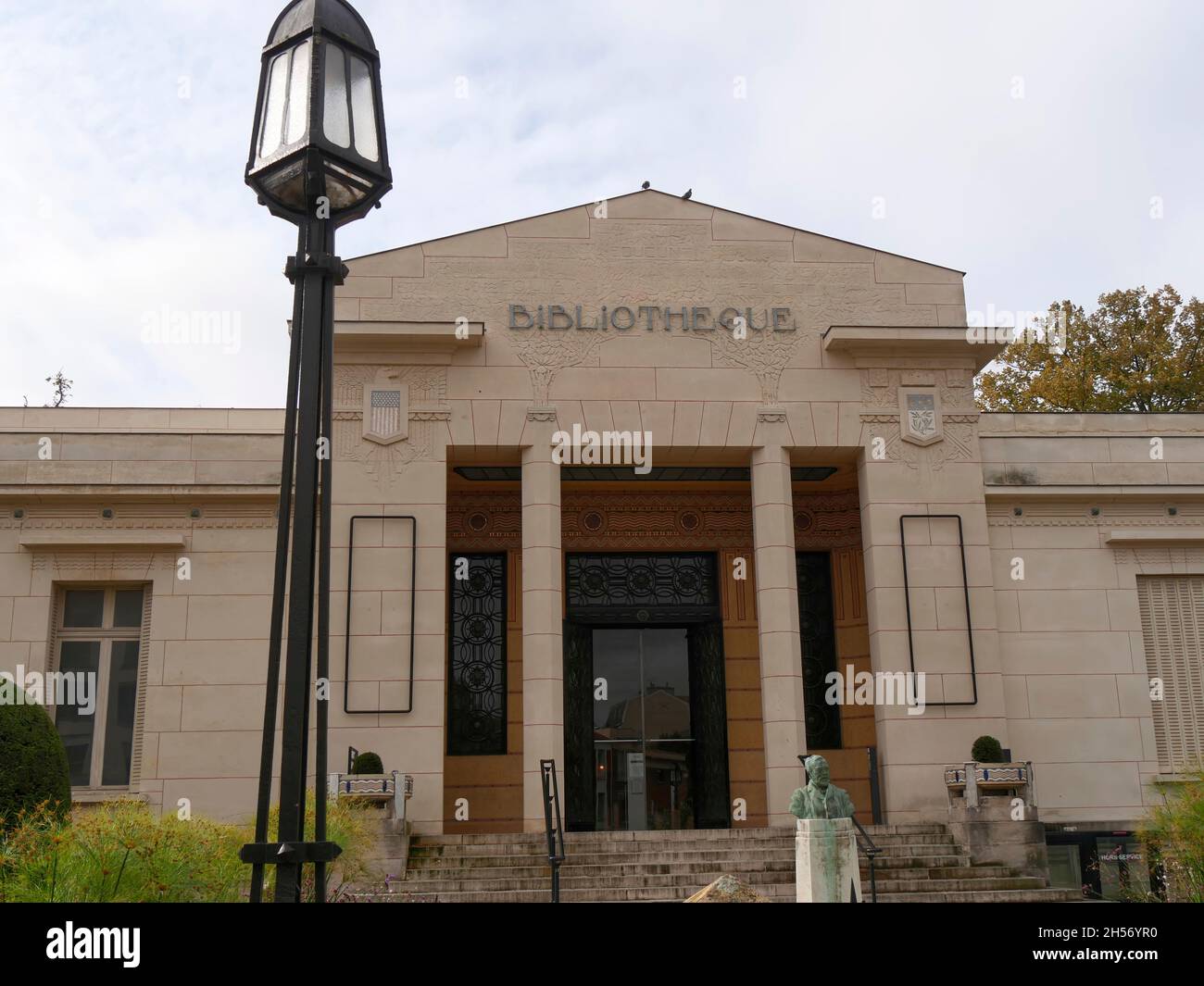 entrance to the The Art Deco style Carnegie Library of Reims,France ...