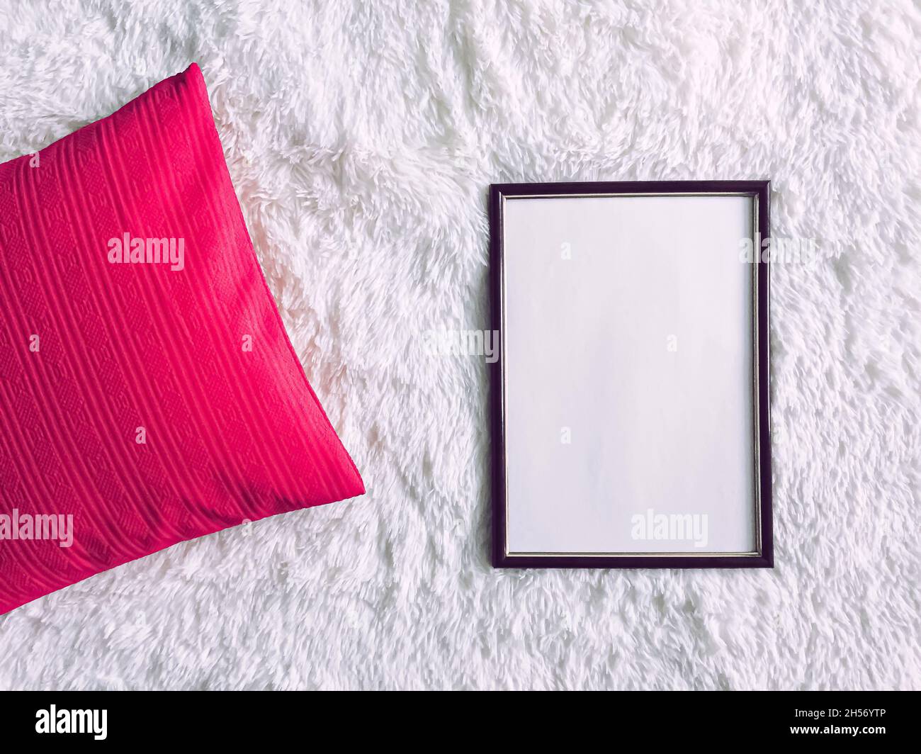Black wooden frame and pink pillow for print mockup, luxury home decor ...