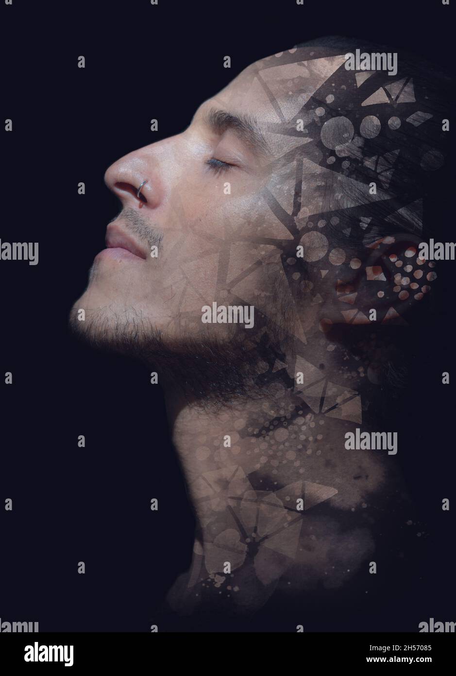 Paintography. Young man dissolving into his thoughts. Isolated on a ...