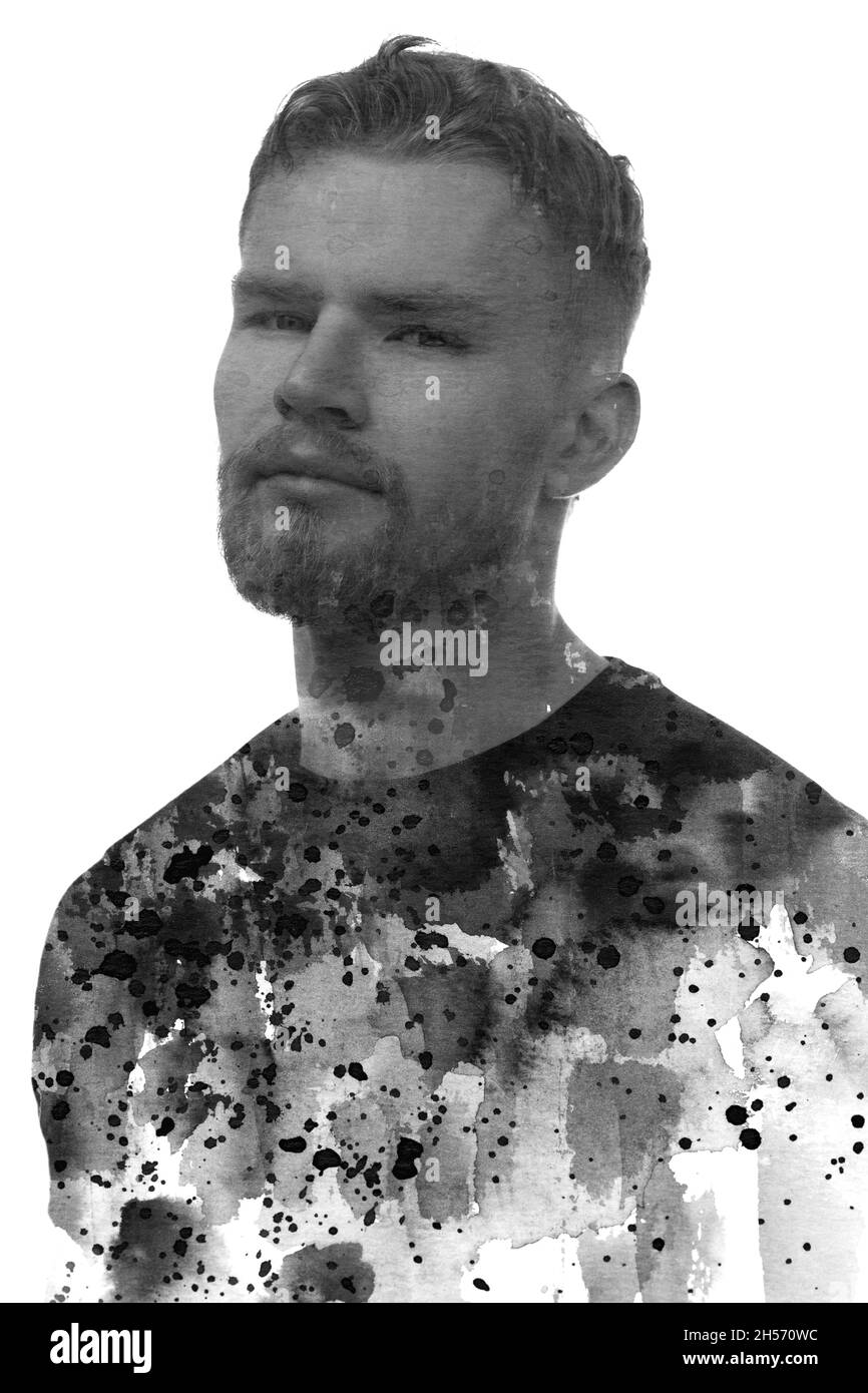 Paintography. A portrait of a young man combined with black ink ...
