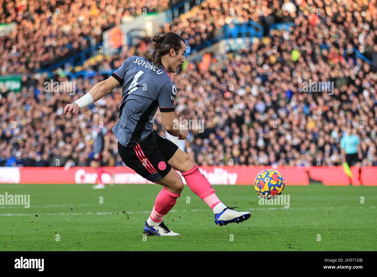 Çaglar Soyuncu #4 of Leicester City shoots wide of the post at close ...