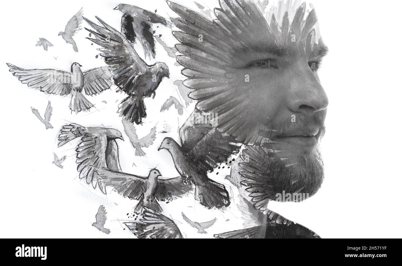 Paintography. Creative portrait of a young man combined with a ...