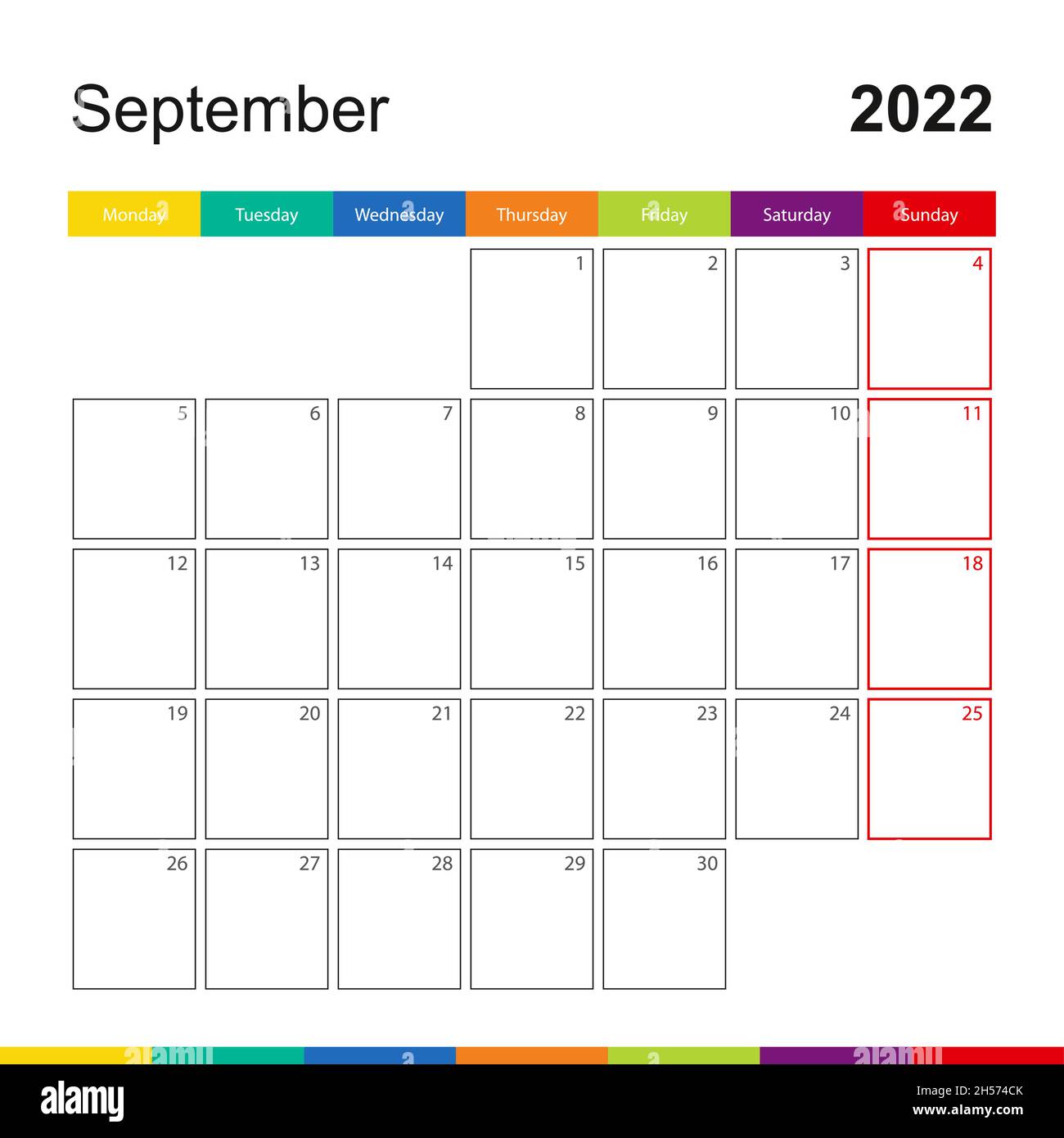 September 2022 colorful wall calendar, week starts on Monday. 2022 ...