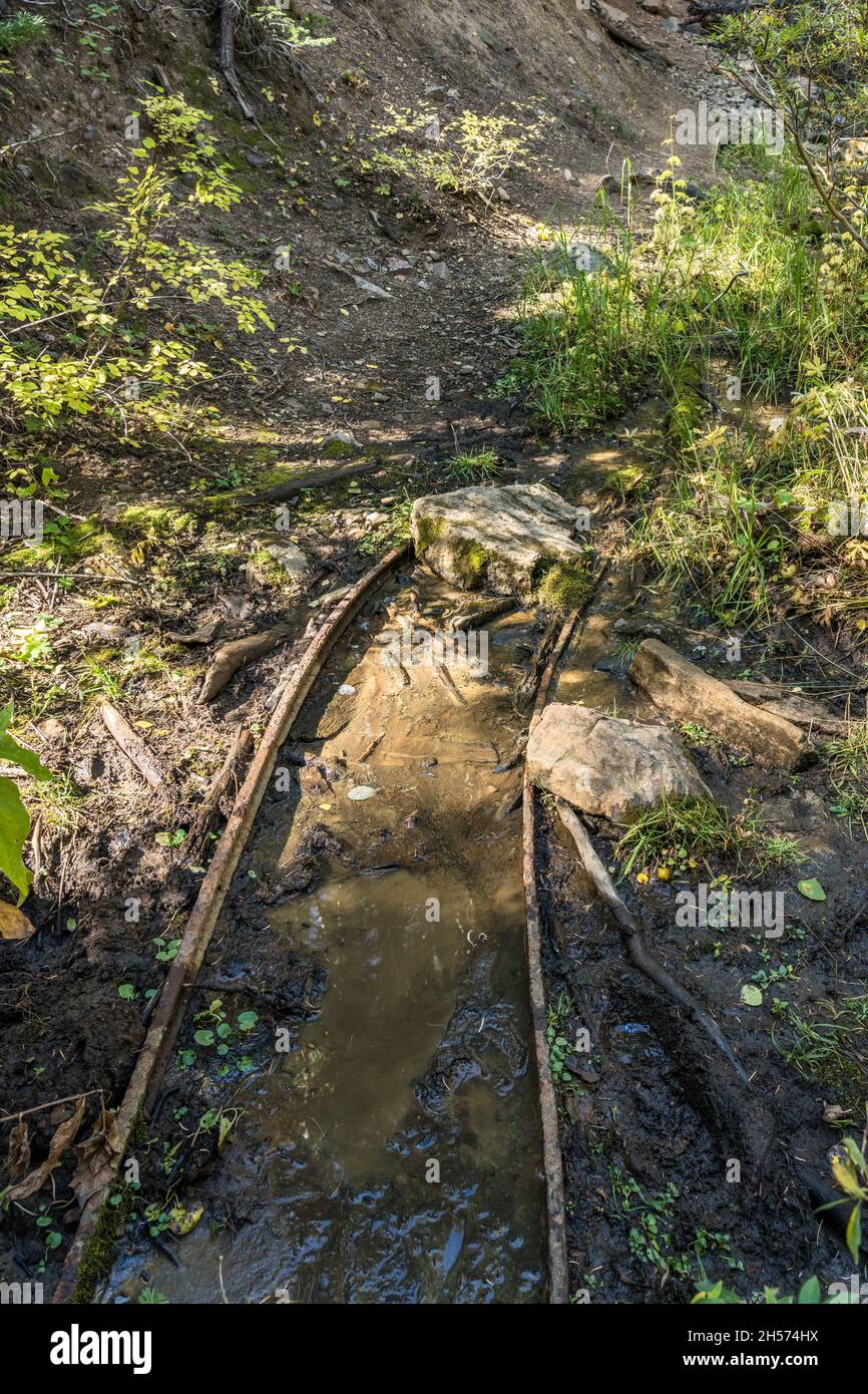 Ore car tracks from the Silver King Mine, circa 1894, in the Tushar ...