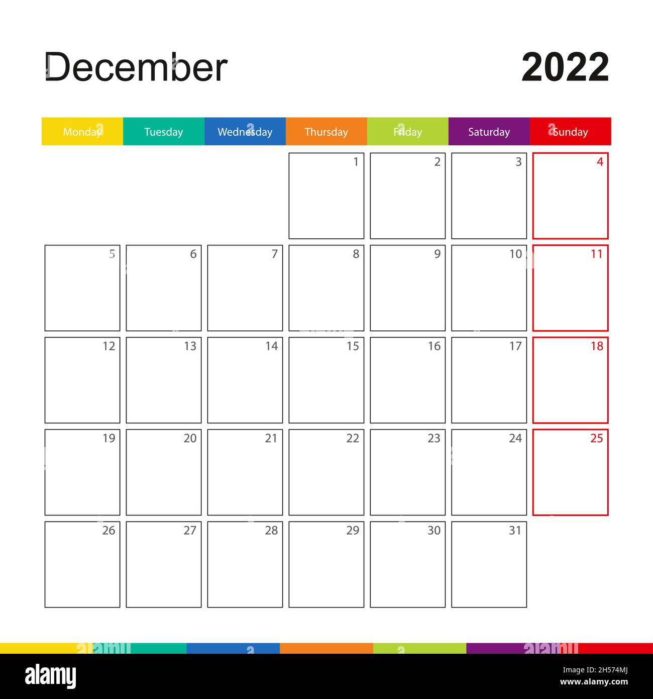 December 2022 colorful wall calendar, week starts on Monday. 2022 ...