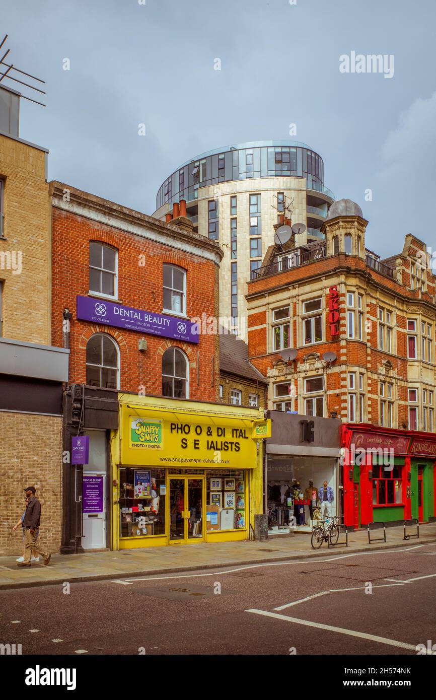 View of Dalston high street, with the contemporary apartment building ...
