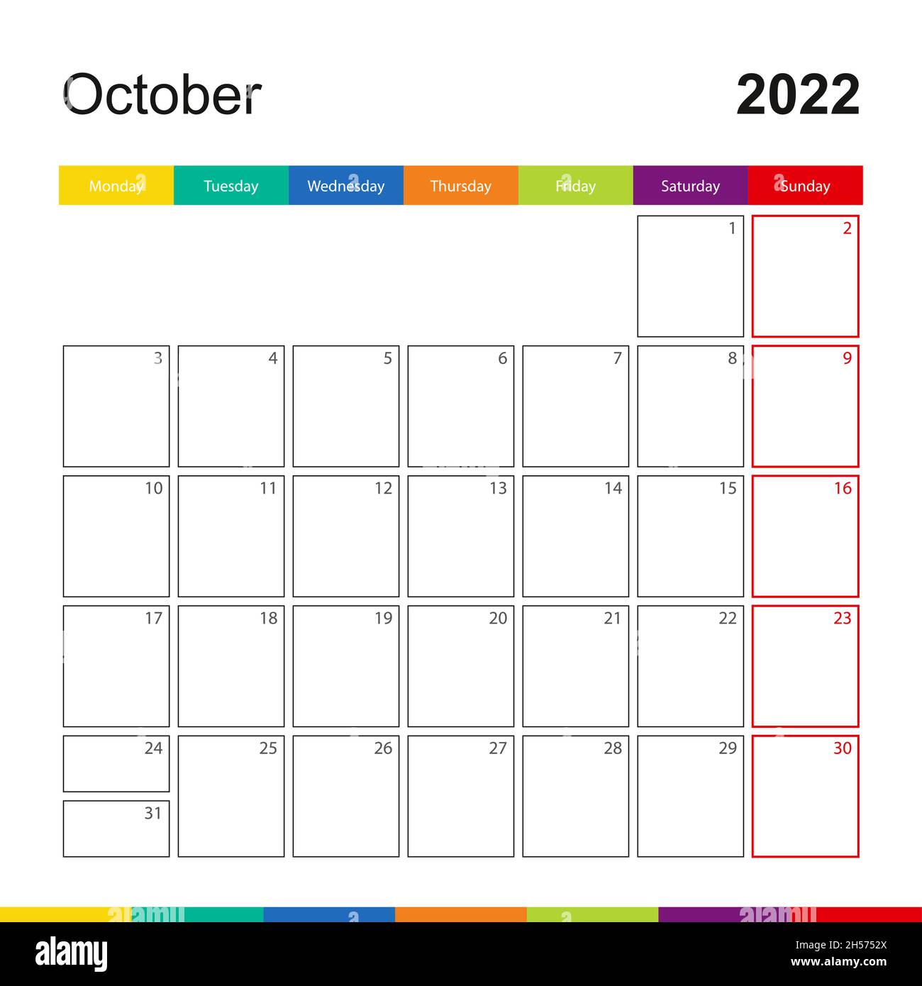 October 2022 colorful wall calendar, week starts on Monday. 2022 ...