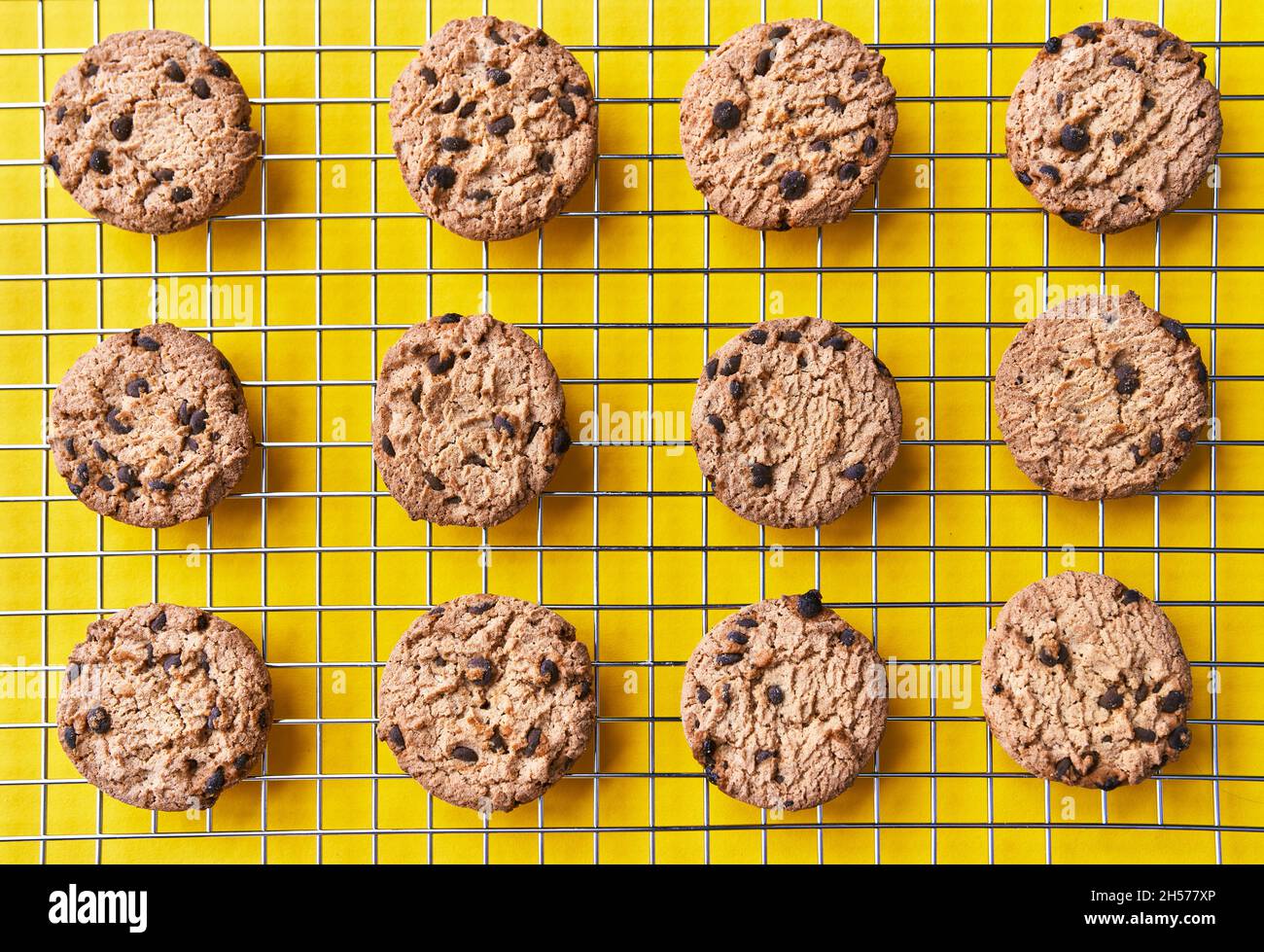 Chocolate cookies served on a grid rack on a yellow background Stock ...