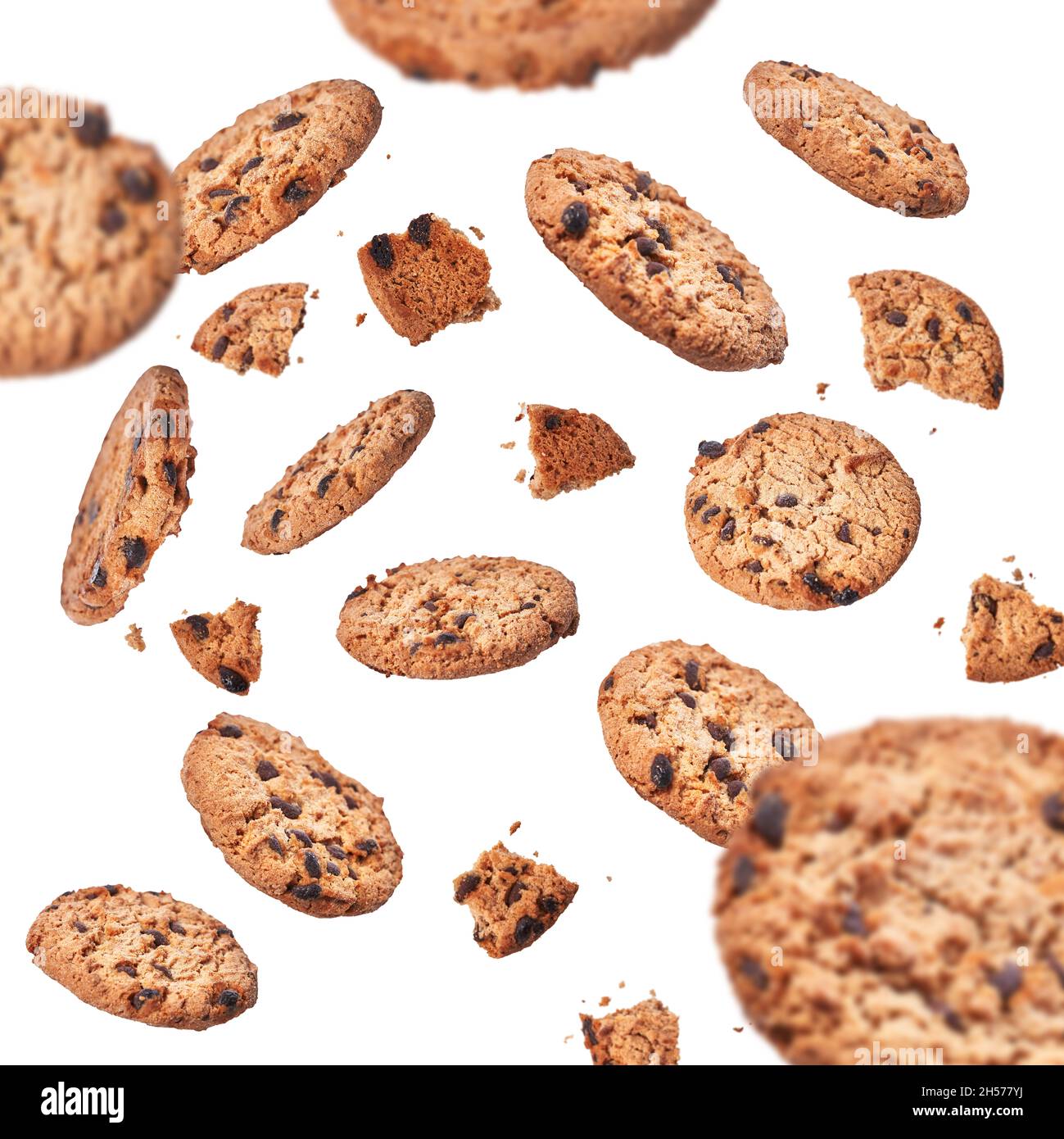 Delicious chocolate cookies flying isolated on a white background Stock ...