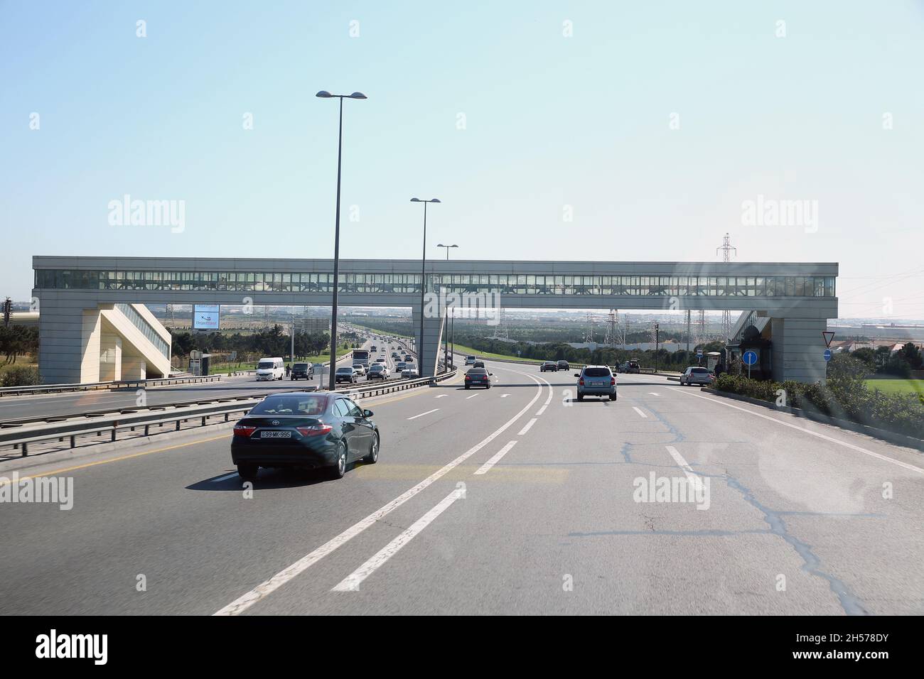 Overground pedestrian crossing . Pedestrian bridge across the highway ...