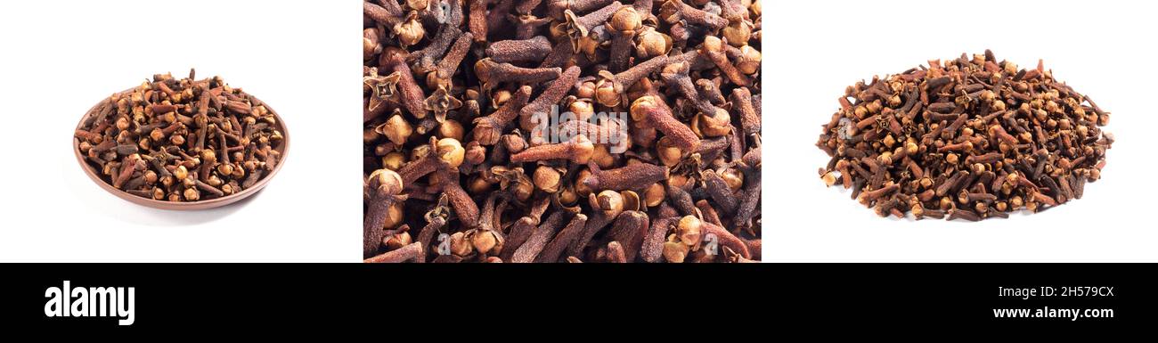 Set of spice clove (Syzygium aromaticum) in clay plate, bunch on white ...