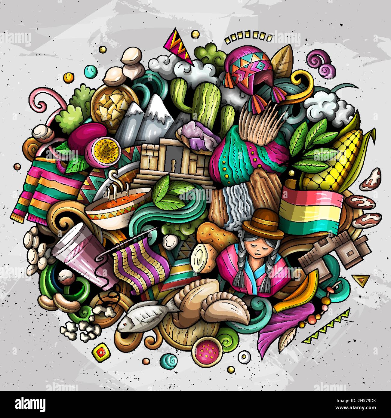 Bolivia hand drawn cartoon doodles illustration. Funny travel design. Creative Bolivian vector ...