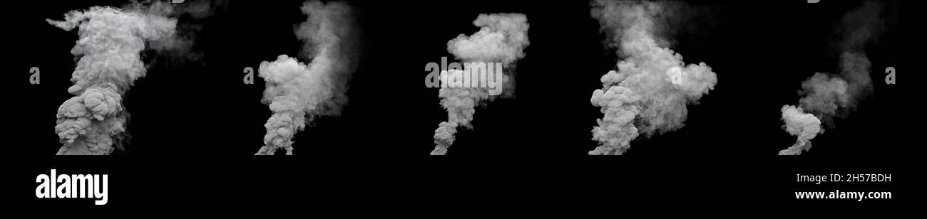 5 grey carbon smoke columns from urban fire on black, isolated ...
