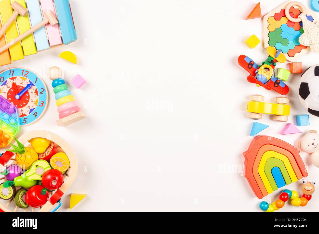 Baby kids toys frame on white background. Many colorful educational ...