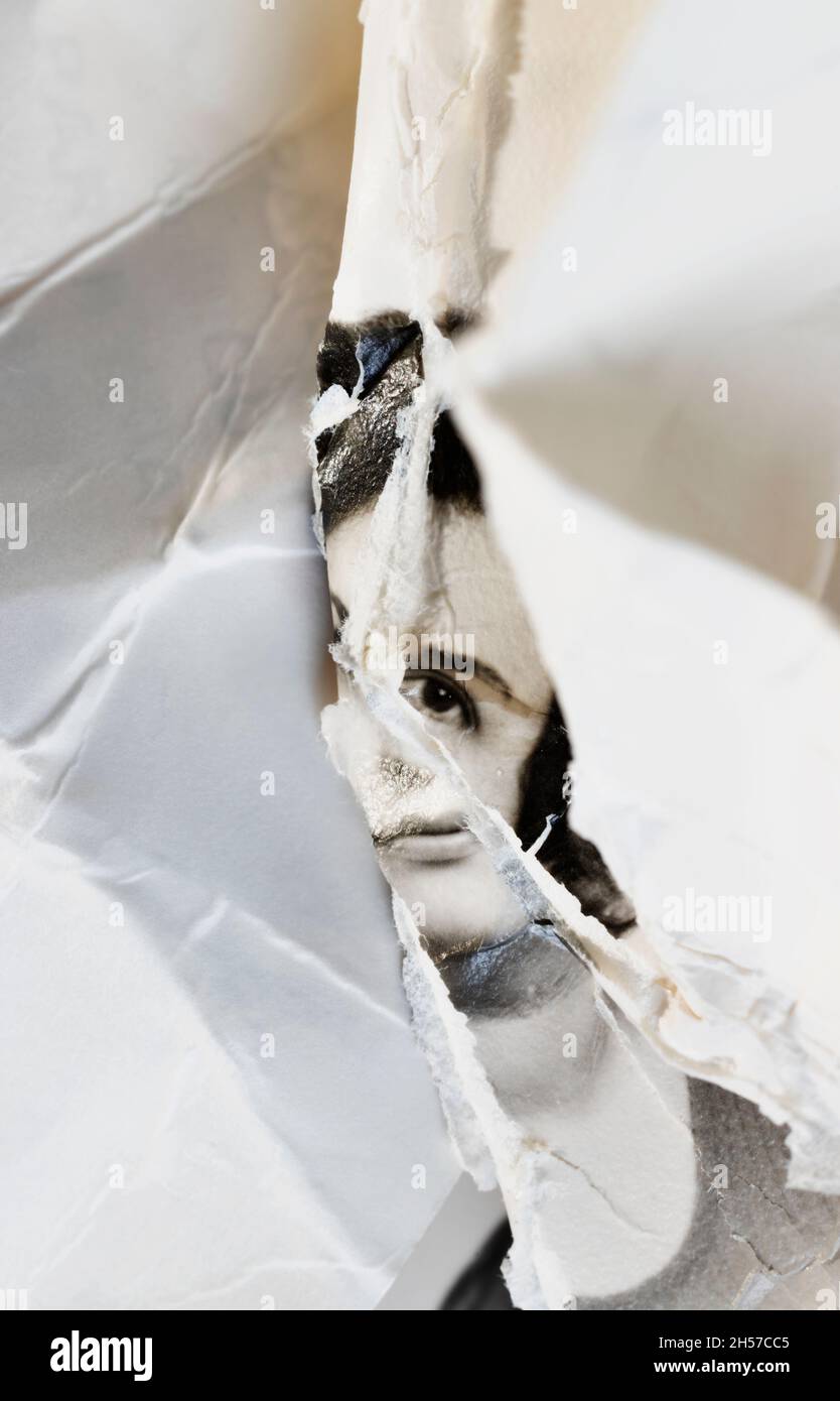 Crumpled old black and white photo ,part of woman face in focus Stock ...