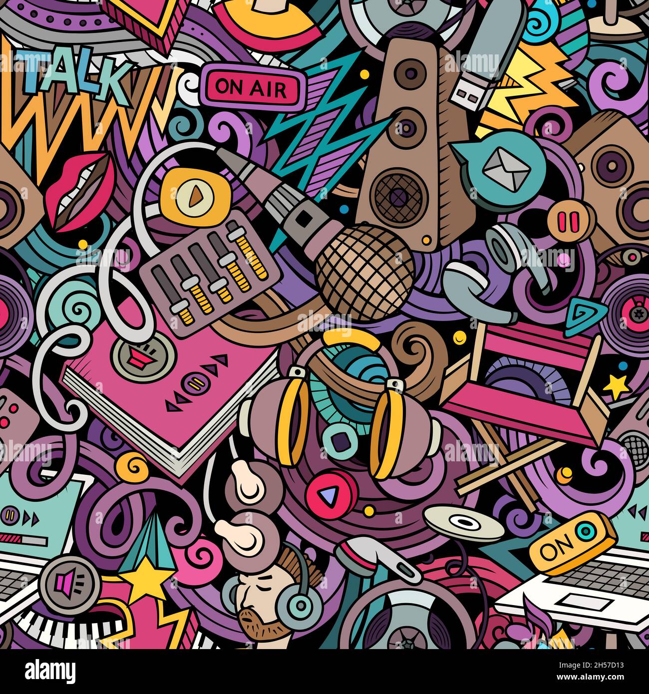Cartoon doodles Audio content seamless pattern. Backdrop with podcasts ...