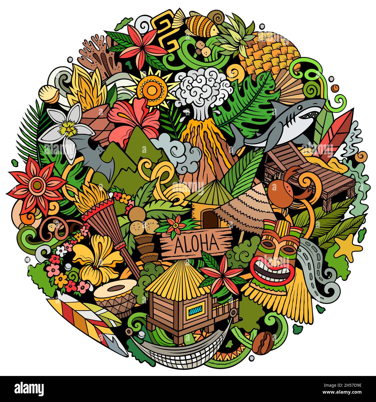Hawaii cartoon vector doodles illustration. Hawaian round design ...