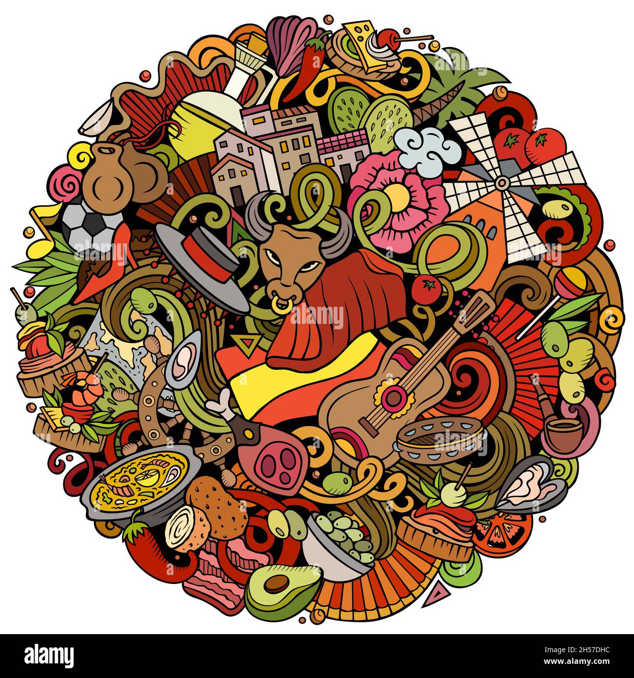 Spain cartoon vector doodles illustration. Spanish round design ...