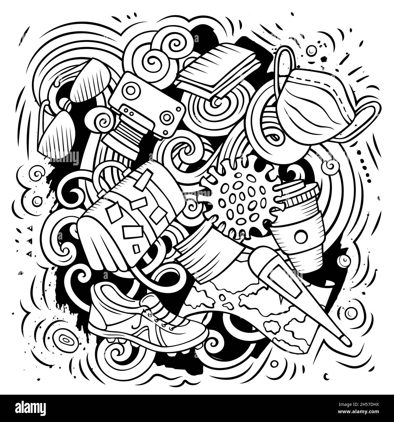 Traveling vector doodles illustration. New normal elements and objects ...