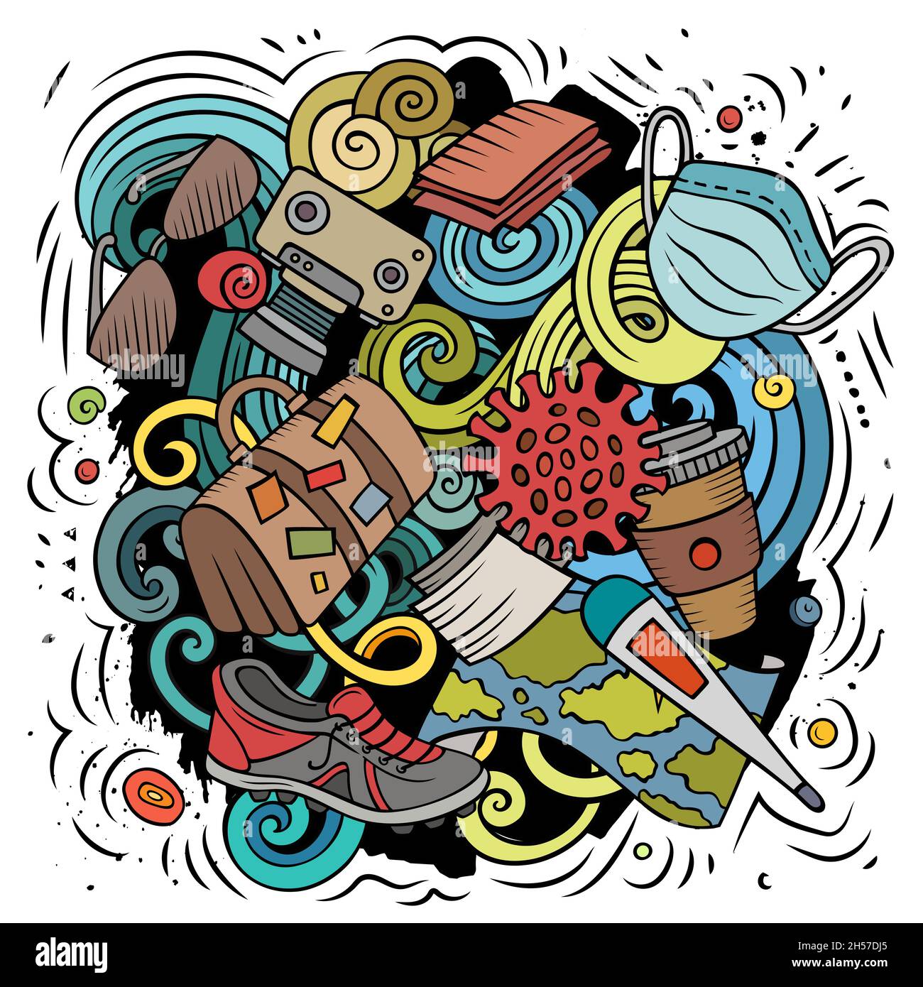 Traveling vector doodles illustration. New normal elements and objects ...