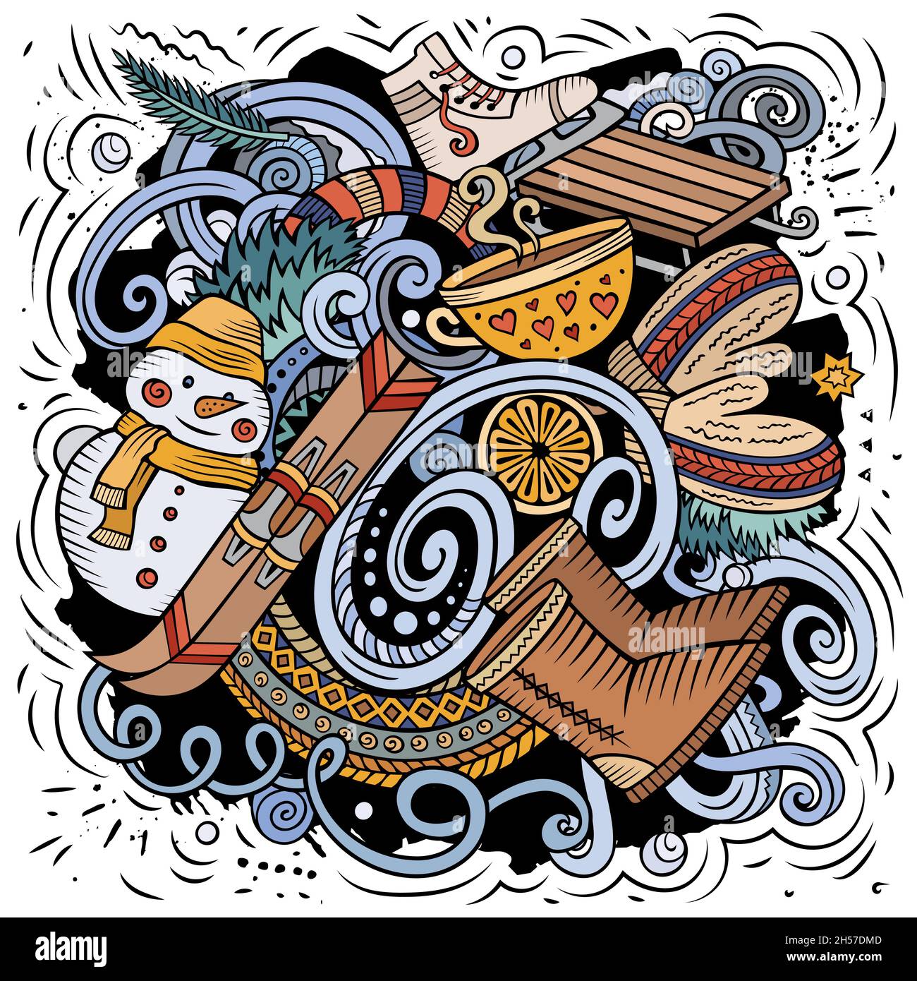 Cartoon vector doodles Winter illustration. Colorful, detailed, with ...