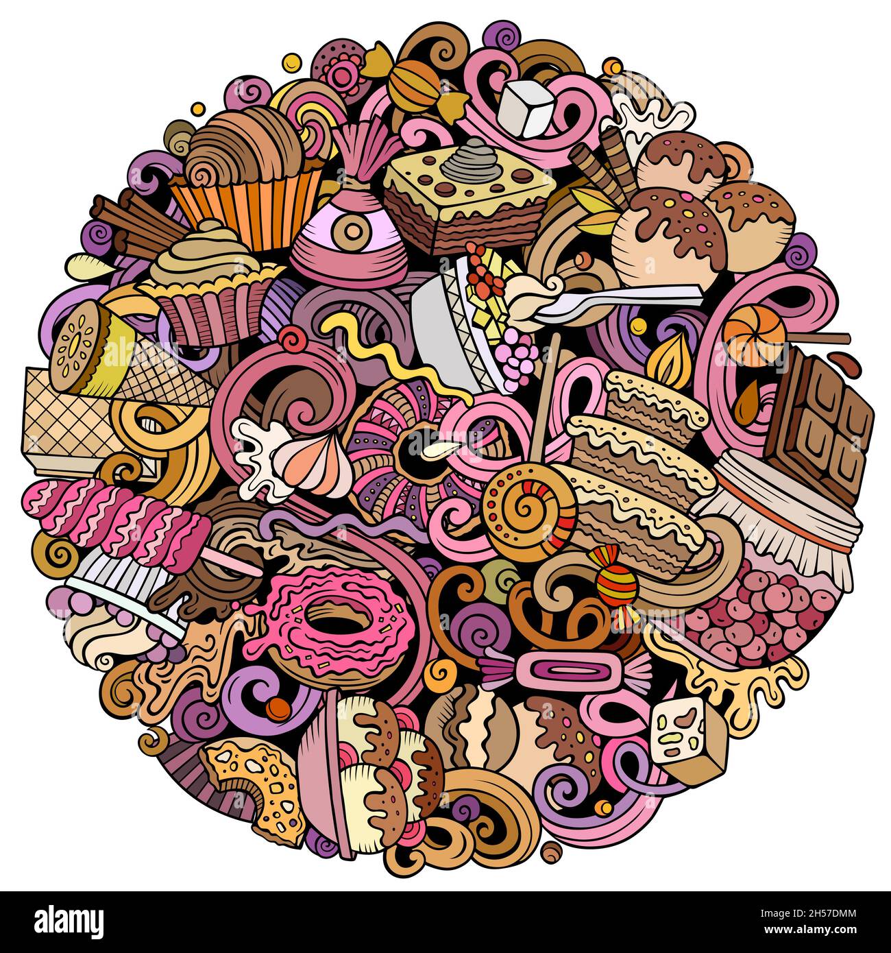 Sweet food cartoon vector doodles illustration. Desserts round design ...