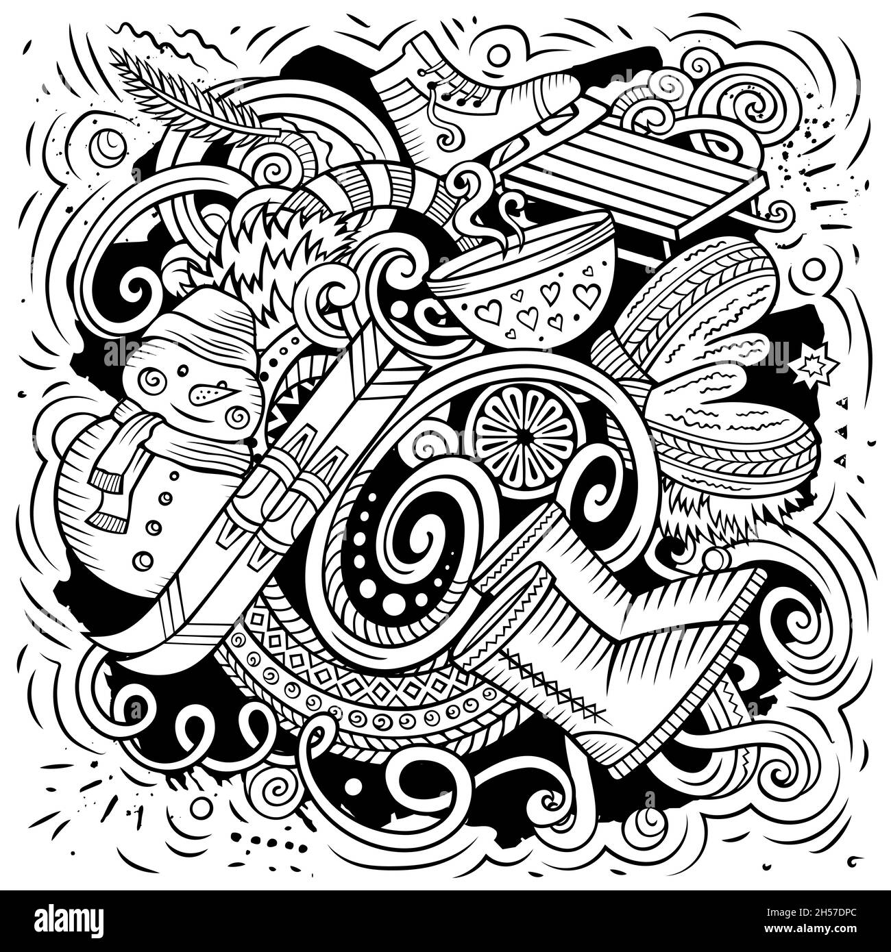 Cartoon vector doodles Winter illustration. Sketchy, detailed, with ...