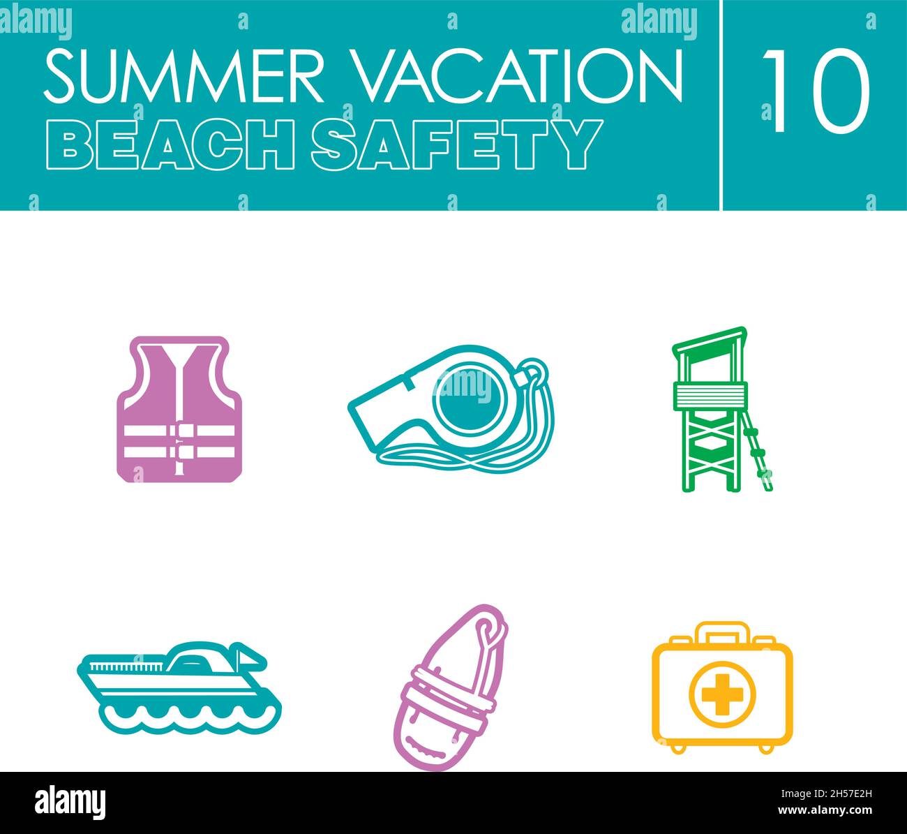 Lifeguard beach safety outline vector icon set. Summer time. Vacation ...
