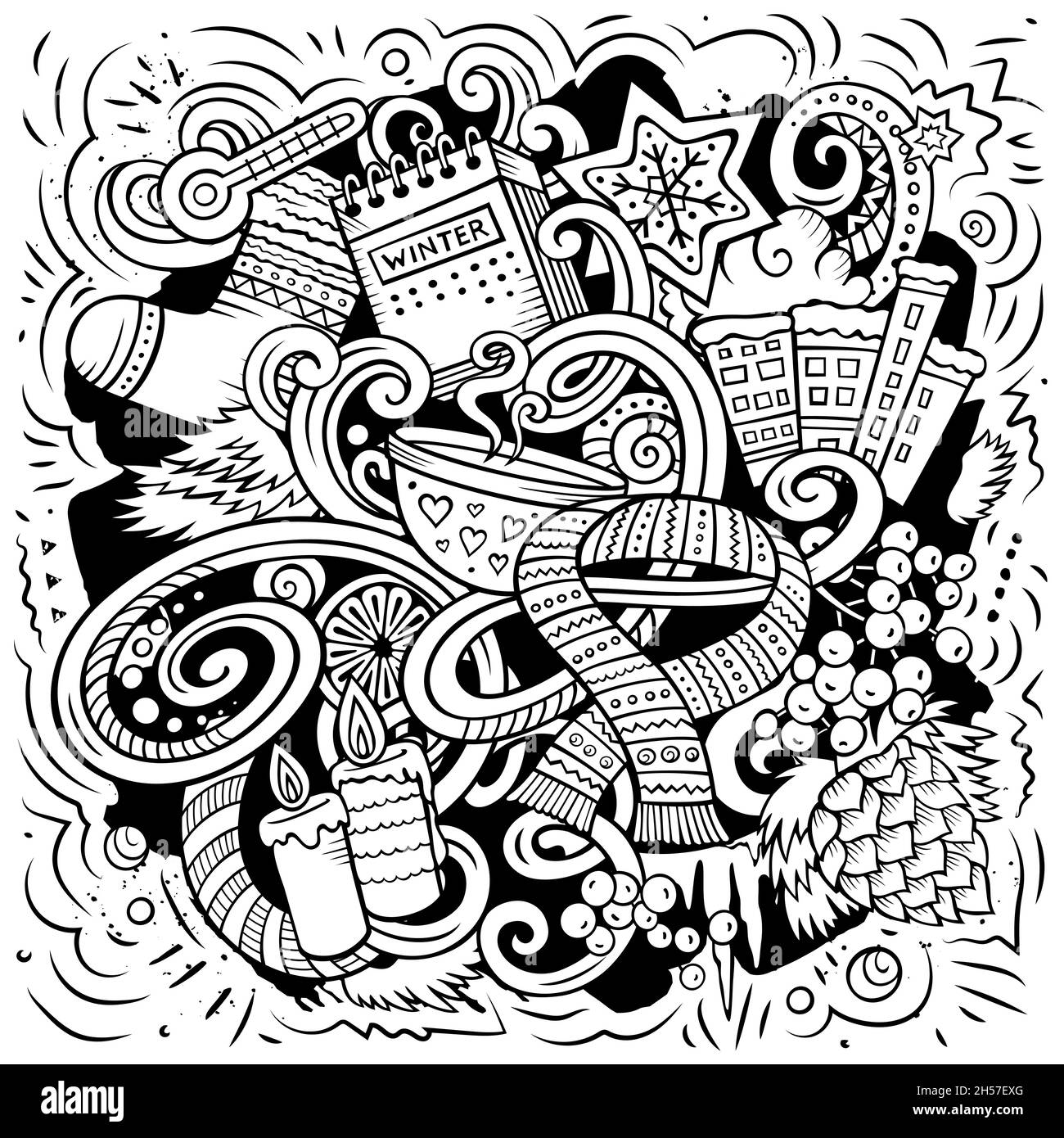 Cartoon vector doodles Winter illustration. Sketchy, detailed, with ...