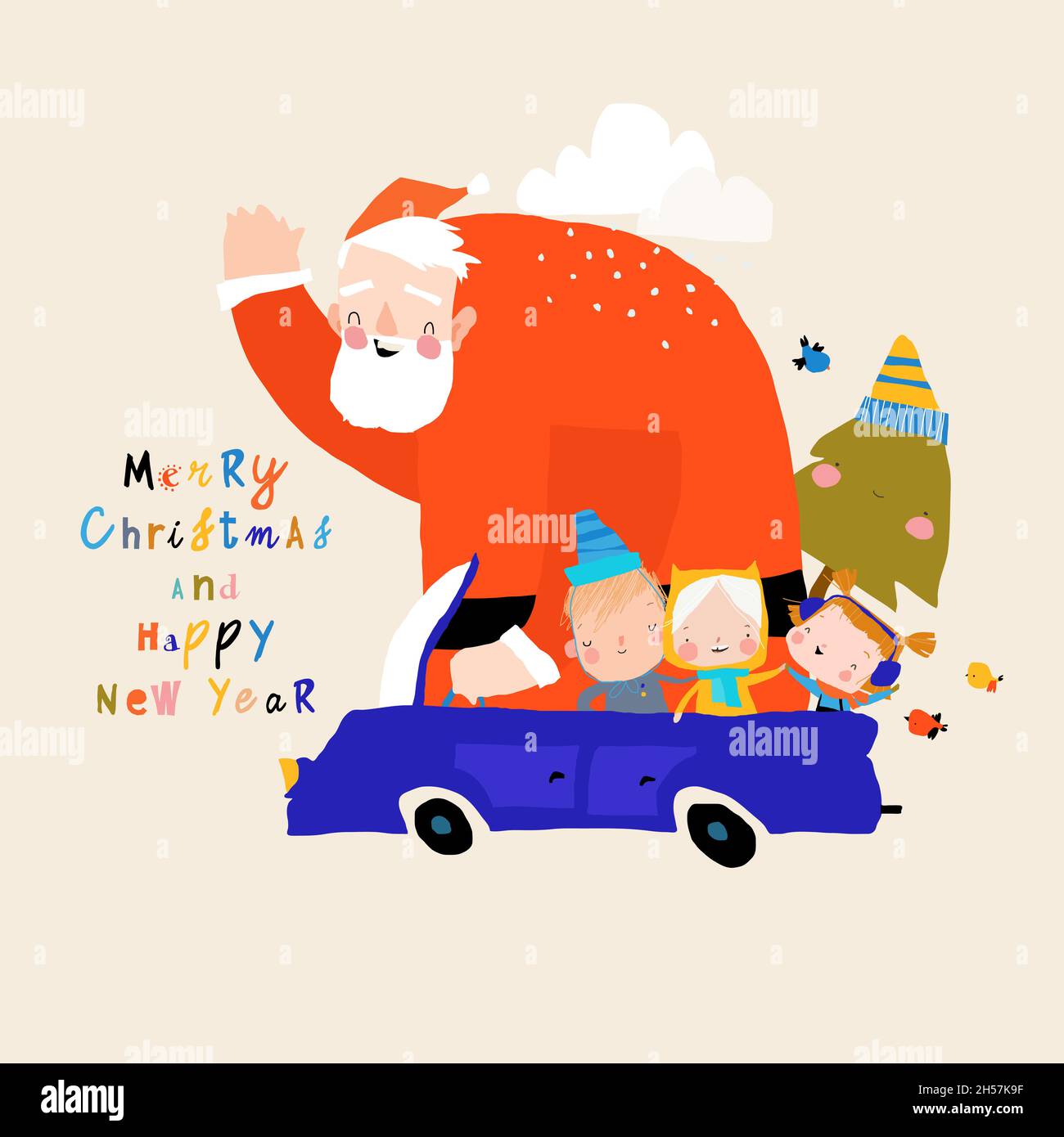 Cartoon Santa Claus driving by Car with Happy Children Stock Vector ...